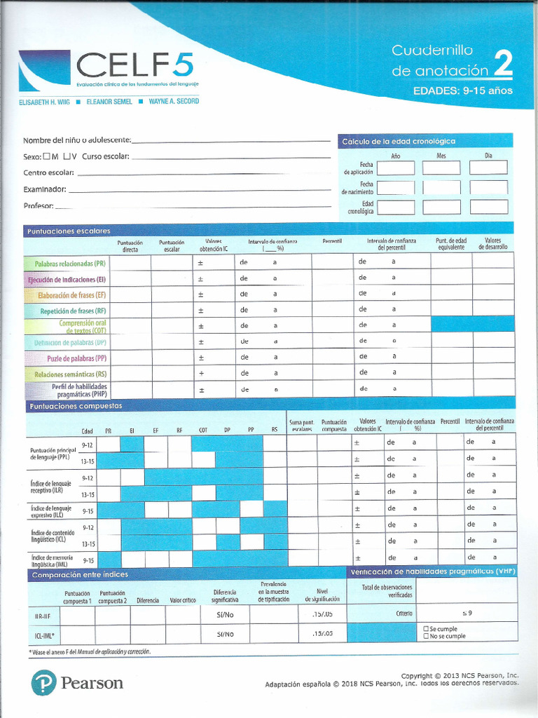 CELF-5 Cuadernillo de anotación_ 9 a 15 años | PDF