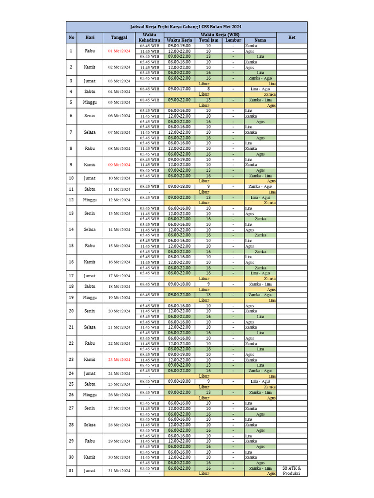 Jadwal Kerja Toko Bulan Mei 2024 Fix | PDF