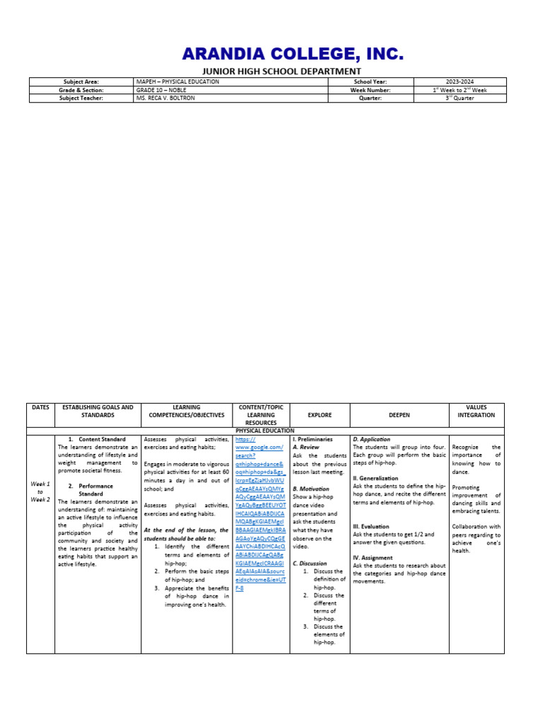 LP - PE 3rd Quarter | PDF | Physical Education | Learning