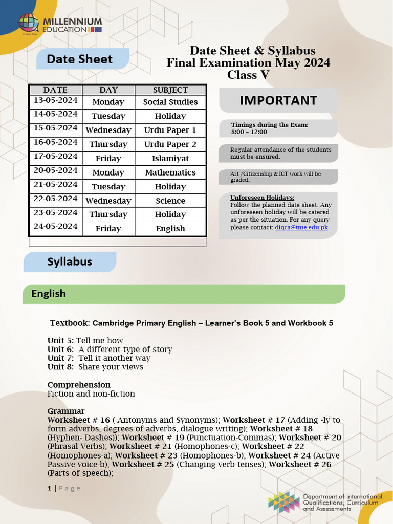 Grade 5 Date Sheet and Syllabus Final Examination May 2024 Roots ...