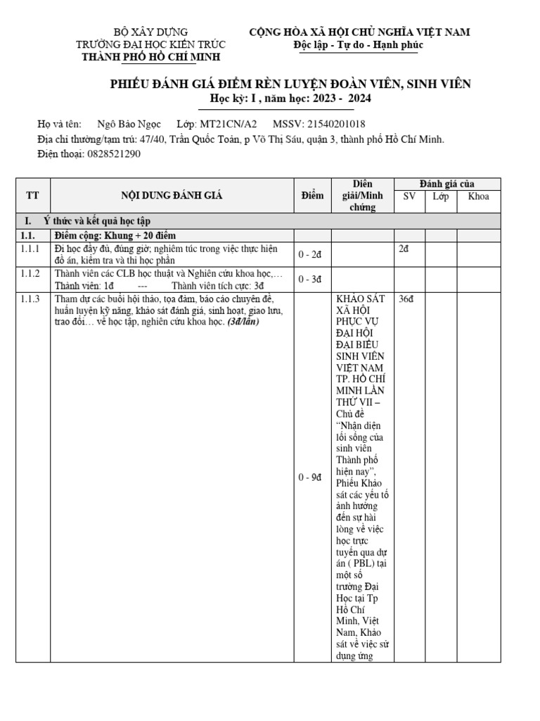 (M1) - Phieu Diem Ren Luyen | PDF