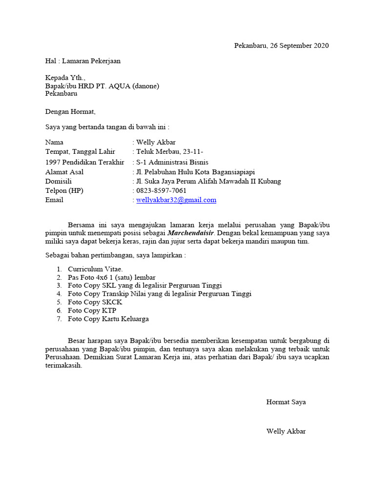 Surat Lamaran PT. AQUA (Danone) (1) - Dikonversi | PDF