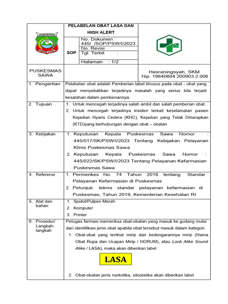 Sop Pelabelan Obat Lasa Dan Hight Alert | PDF