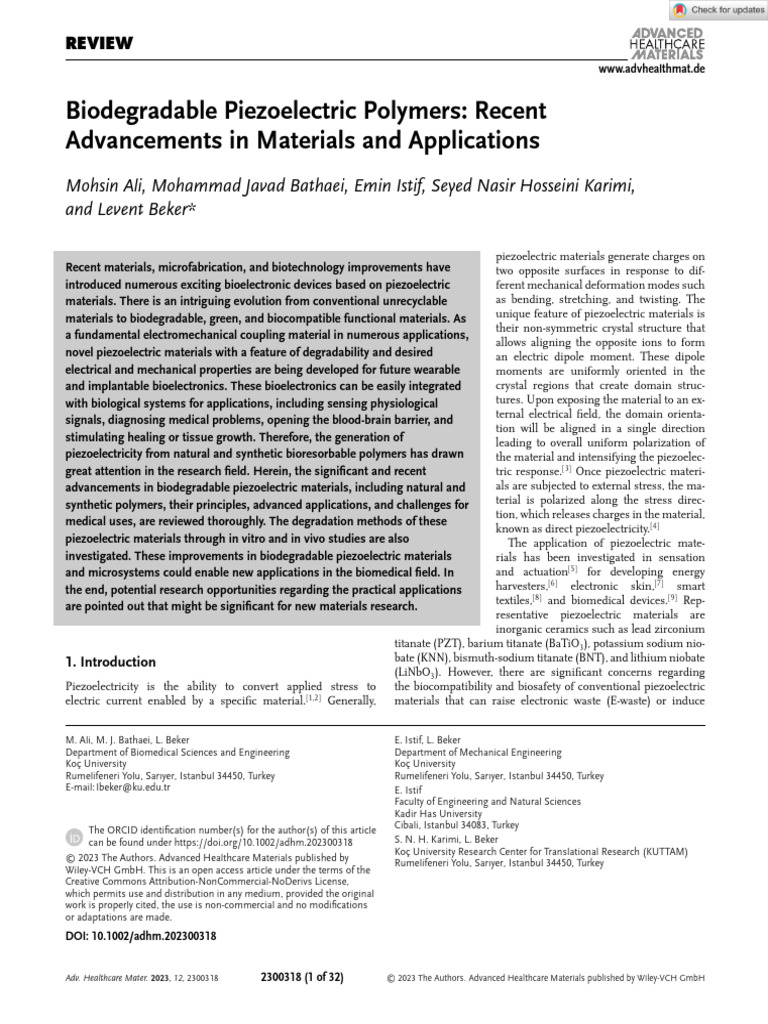 Adv Healthcare Materials - 2023 - Ali - Biodegradable Piezoelectric ... Adv Healthcare Materials - 2023 - Ali - Biodegradable Piezoelectric ...