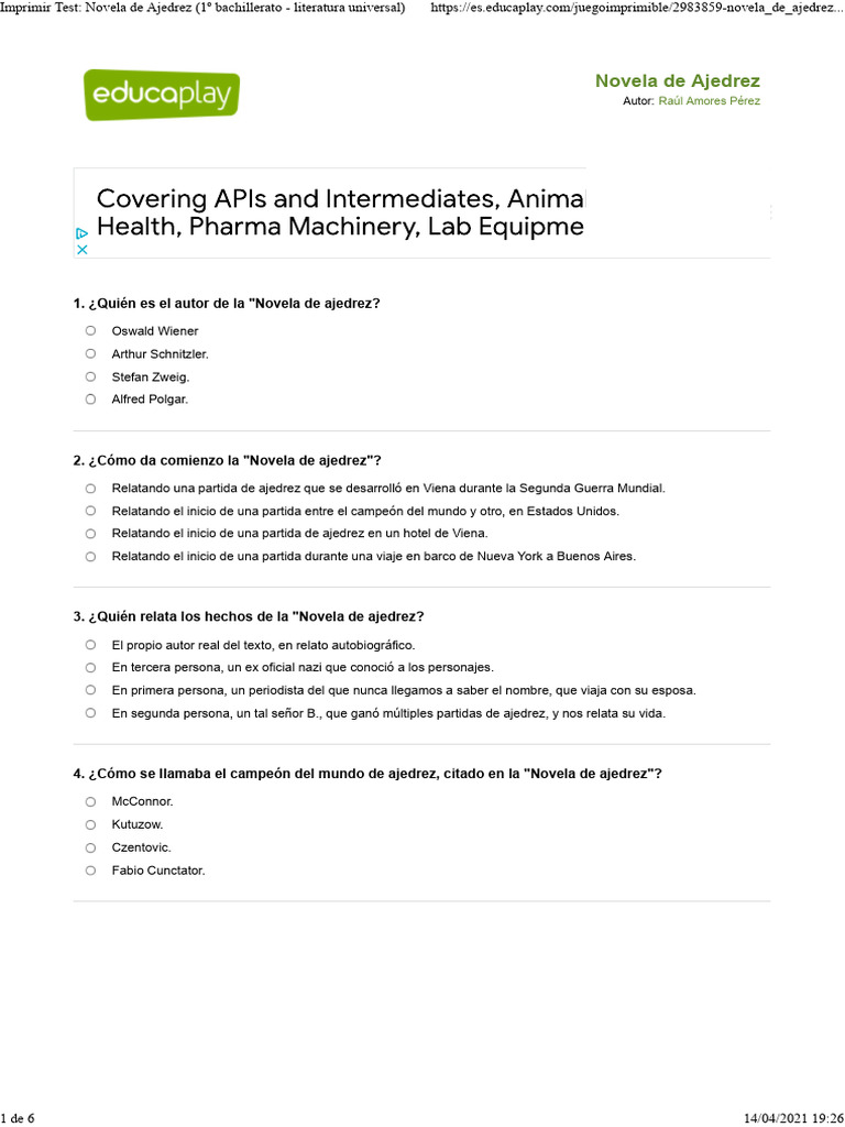 Test Novela de Ajedrez | PDF | Ajedrez | Novelas