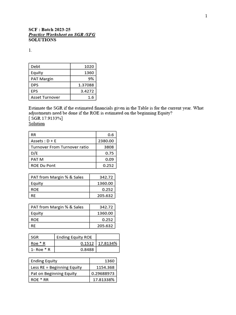 SCF Practice Questions SOLUTIONS SGR Etc | PDF | Revenue | Equity (Finance)