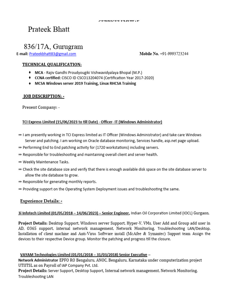 Prateek Bhatt_Resume | PDF | Hyper V | Computer Network