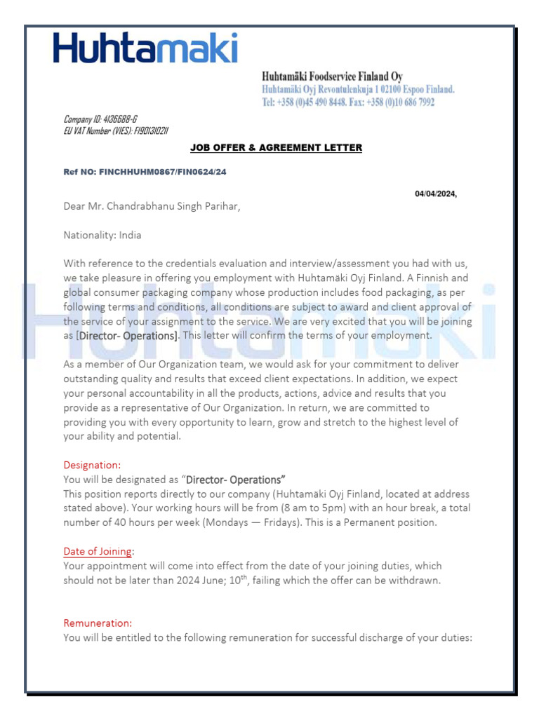 Huhtamäki Finland Job Offer Letter | PDF | Employment | Sick Leave