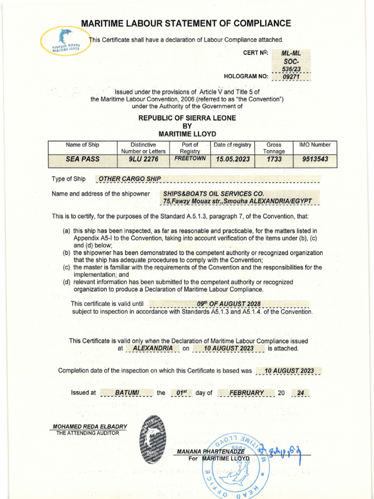 Maritime Labour Compliance: Statement of | PDF | Shipping