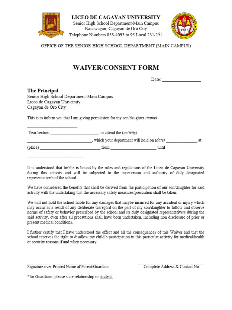 Senior High School Activity Waiver Form | PDF