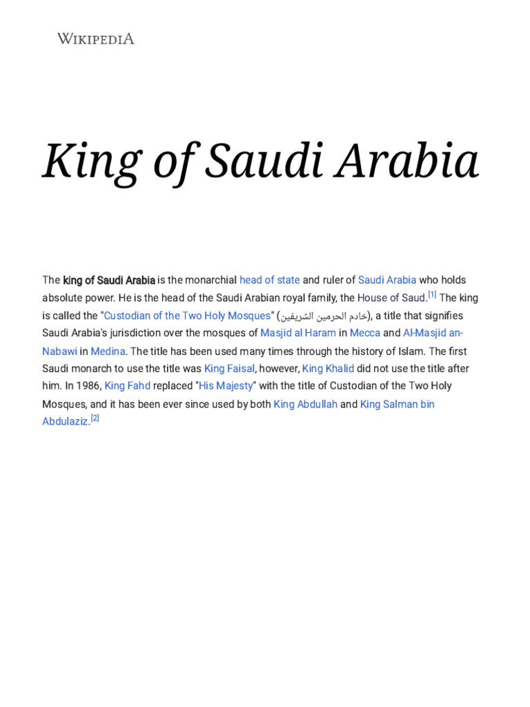 King of Saudi Arabia - Wikipedia | PDF | House Of Saud | Mashriq