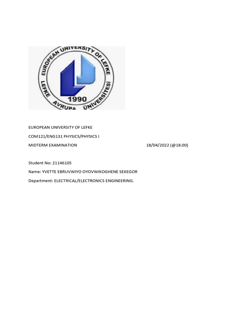 Yvette - E.O - Sekegor - Midterm Assignment | PDF | Mechanics | Physics