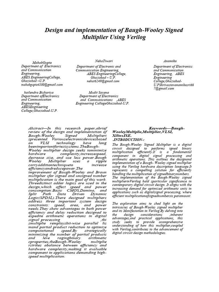 Research PPR Baugh Woolen Multiplier Using Verilog-1 | PDF | Electronics | Digital Electronics