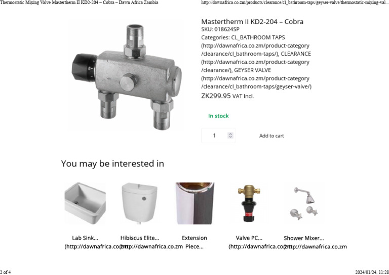 Thermostatic Mixing Valve Mastertherm II KD2-204 – Cobra – Dawn Africa Zambia | PDF
