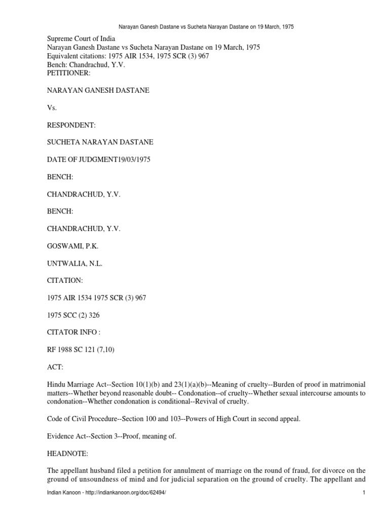 Narayan Ganesh Dastane Vs Sucheta Narayan Dastane On 19 March, 1975 ...