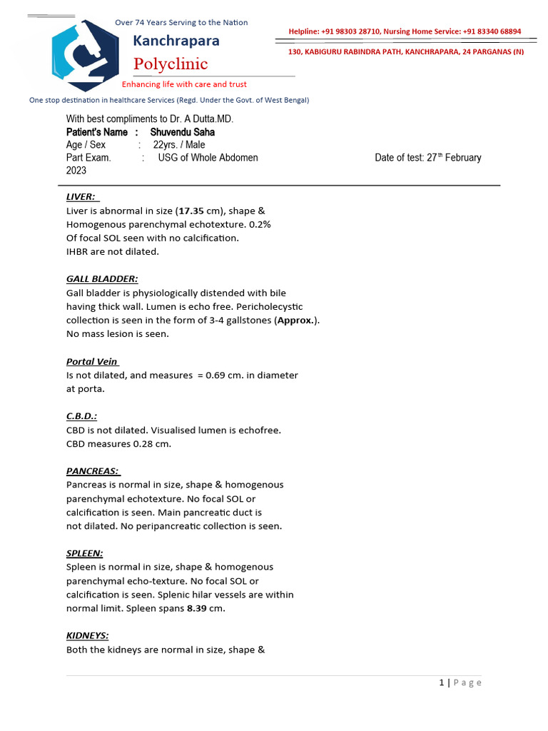 USG Report | PDF | Pancreas | Gallbladder