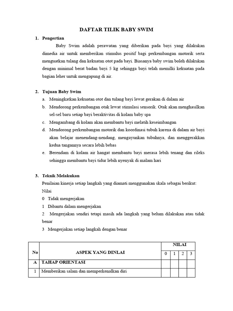 Daftar Tilik Baby Swim | PDF