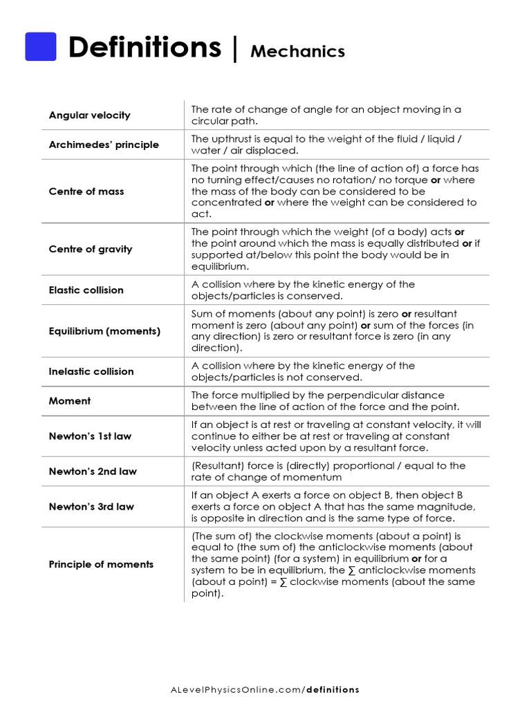 A Level Definitions - Mechanics | PDF | Force | Newton's Laws Of Motion
