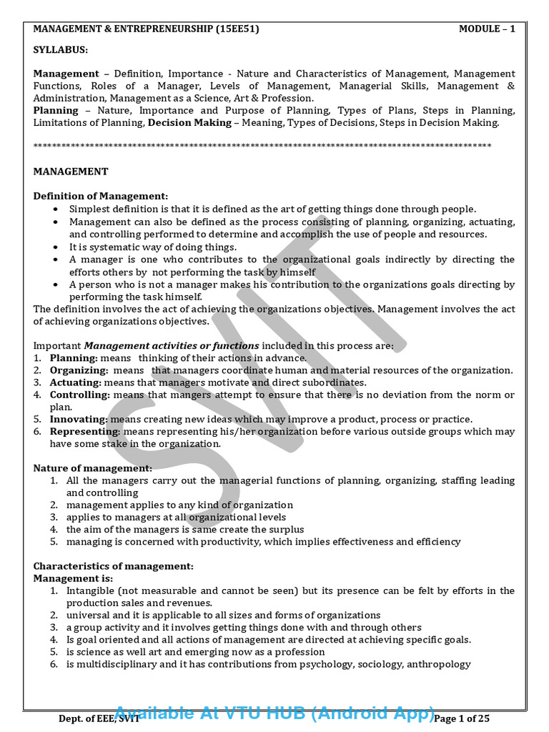 Available at VTU HUB (Android App) : Management & Entrepreneurship (15ee51) Module - 1 | PDF ...