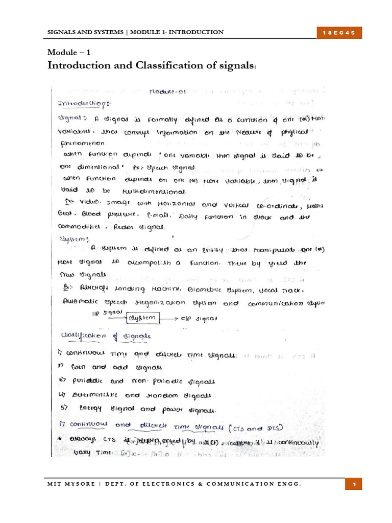 18EC45 - Module 1 - Introduction To Signals and Systems | PDF | Information And Communications ...