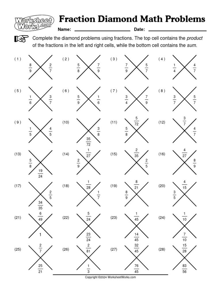 WorksheetWorks Fraction Diamond Math Problems 9 | PDF