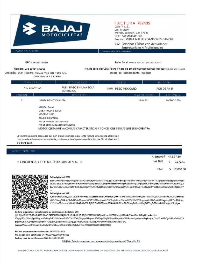 Factura Bajaj Pulsar 3 | PDF | Vehículo de motor