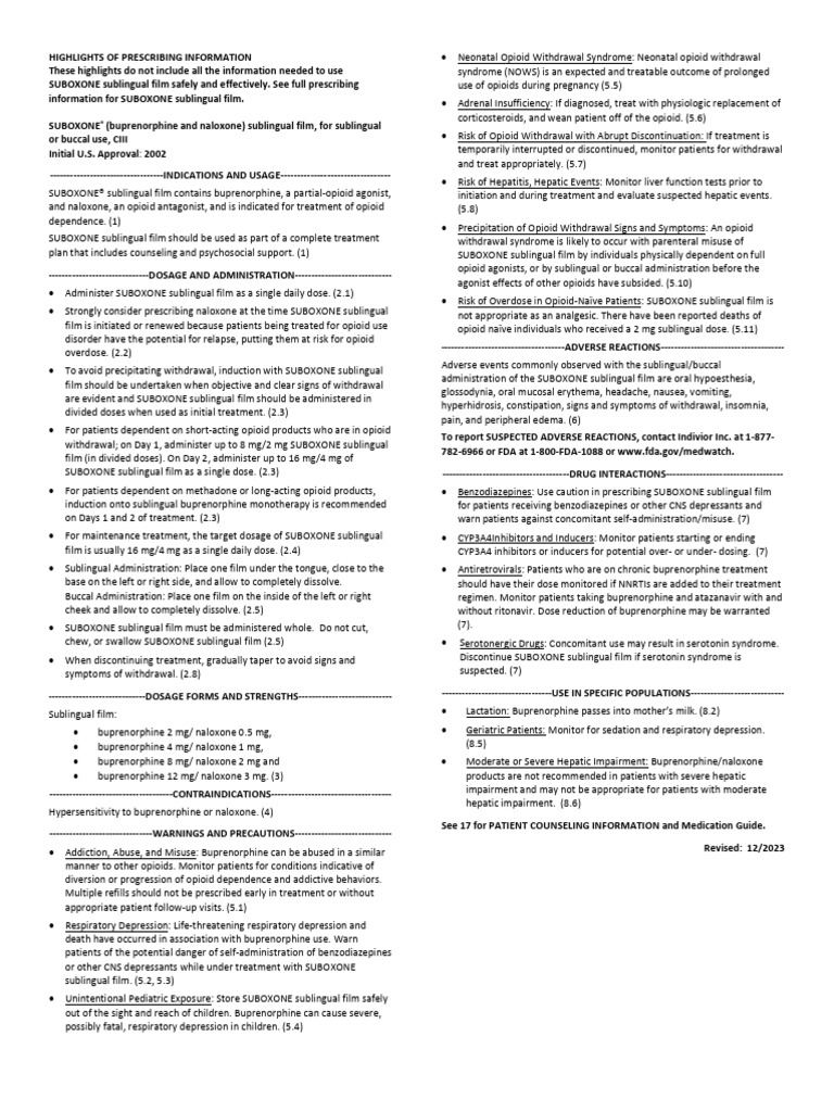 Suboxone Prescribing-Information | PDF | Opioid Use Disorder | Addiction