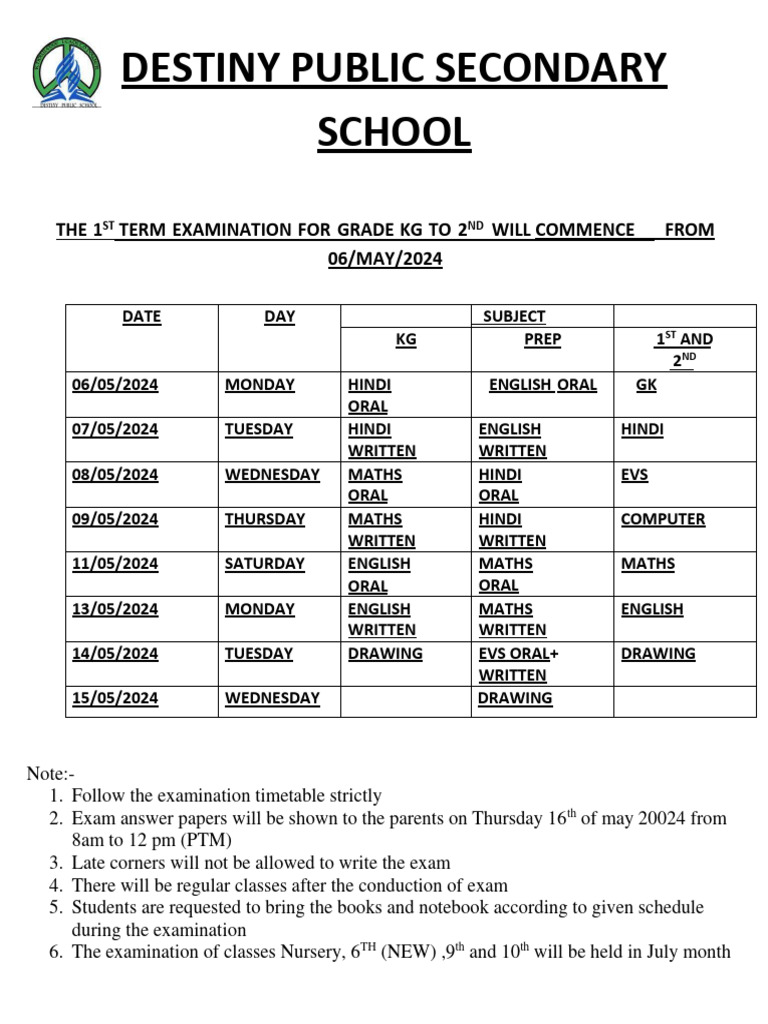 1st Term Examination Time Table-1 | PDF | Educational Stages | Schools