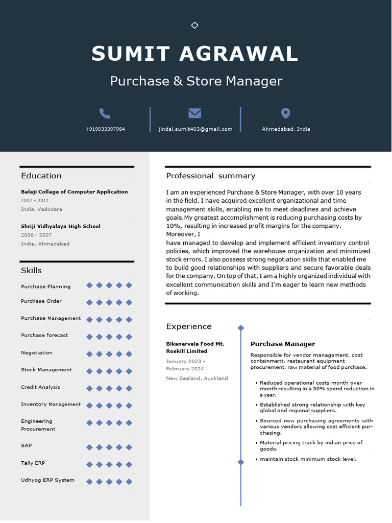 Sumit Agrawal: Purchase & Store Manager | PDF | Procurement | Inventory