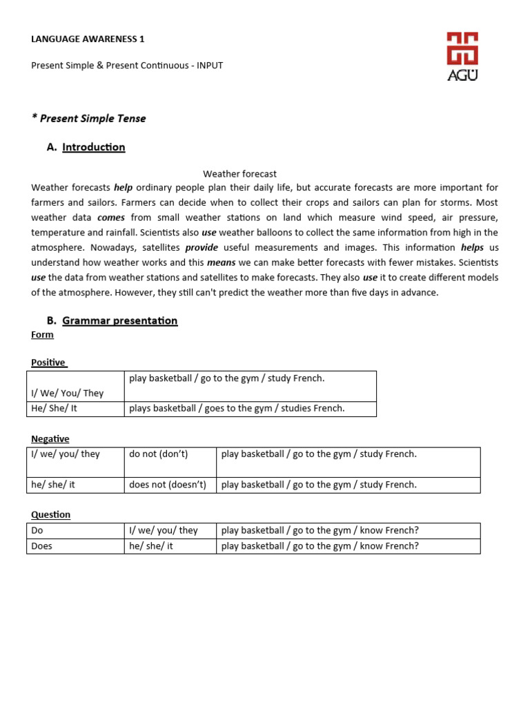 LA1 Present Simple & Present Continuous INPUT | PDF | Weather | Weather Forecasting