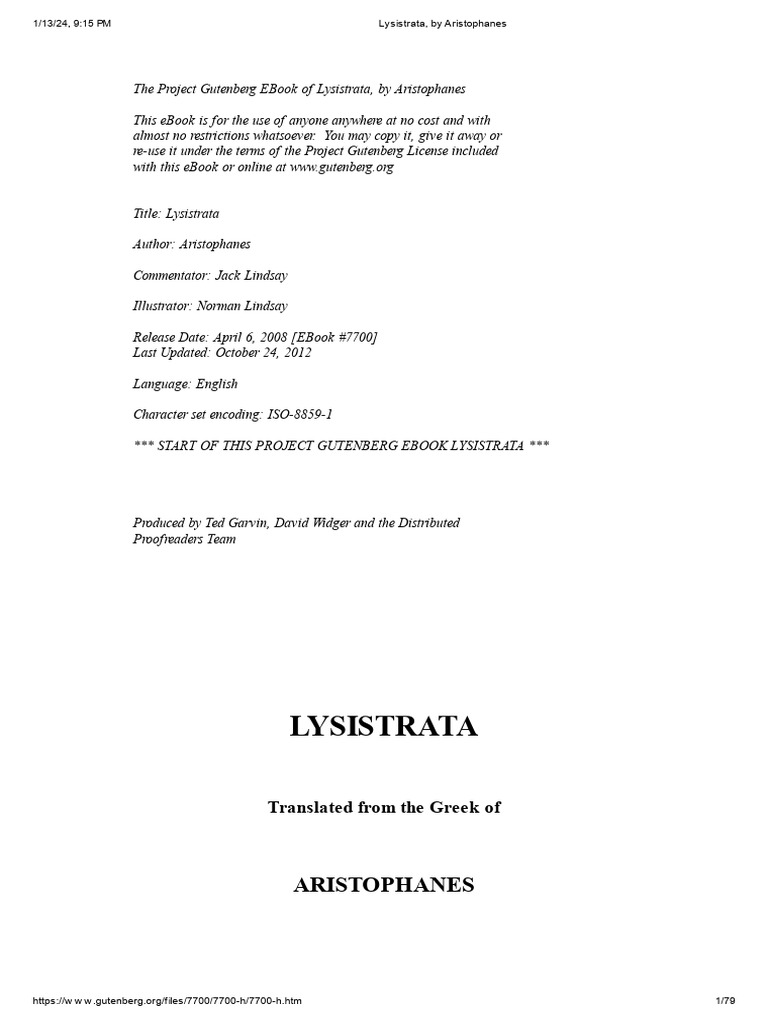 Lysistrata, by Aristophanes | PDF | Project Gutenberg