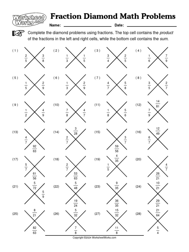 WorksheetWorks Fraction Diamond Math Problems 3 | PDF