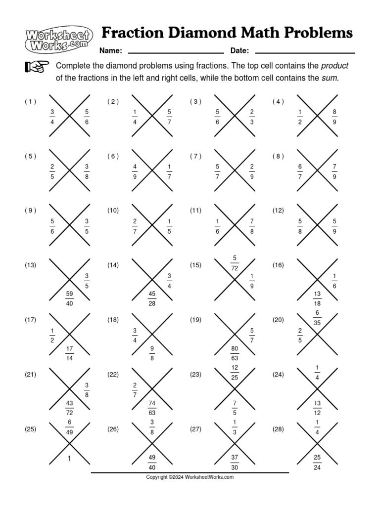 WorksheetWorks Fraction Diamond Math Problems 5 | PDF