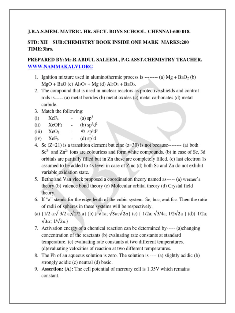 Namma Kalvi 12th Chemsitry Book Back 1 Mark Questions em 217340 | PDF | Acid | Phosphate