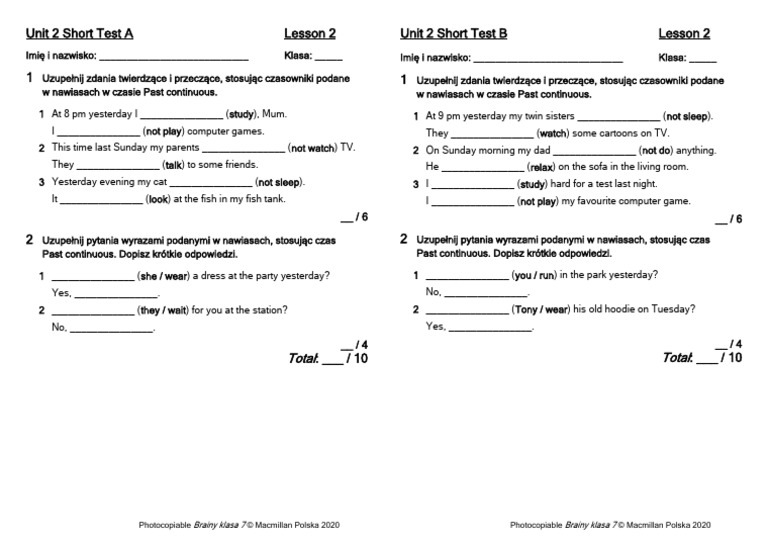 Brainy kl7 Short Tests Unit 2 Lesson 2 | PDF