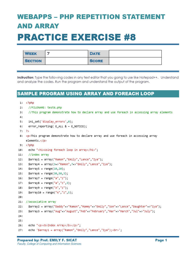 WEBAPPS - Practice Exercise 8 - PHP Repetition Statement and Array | PDF | Php | Computing