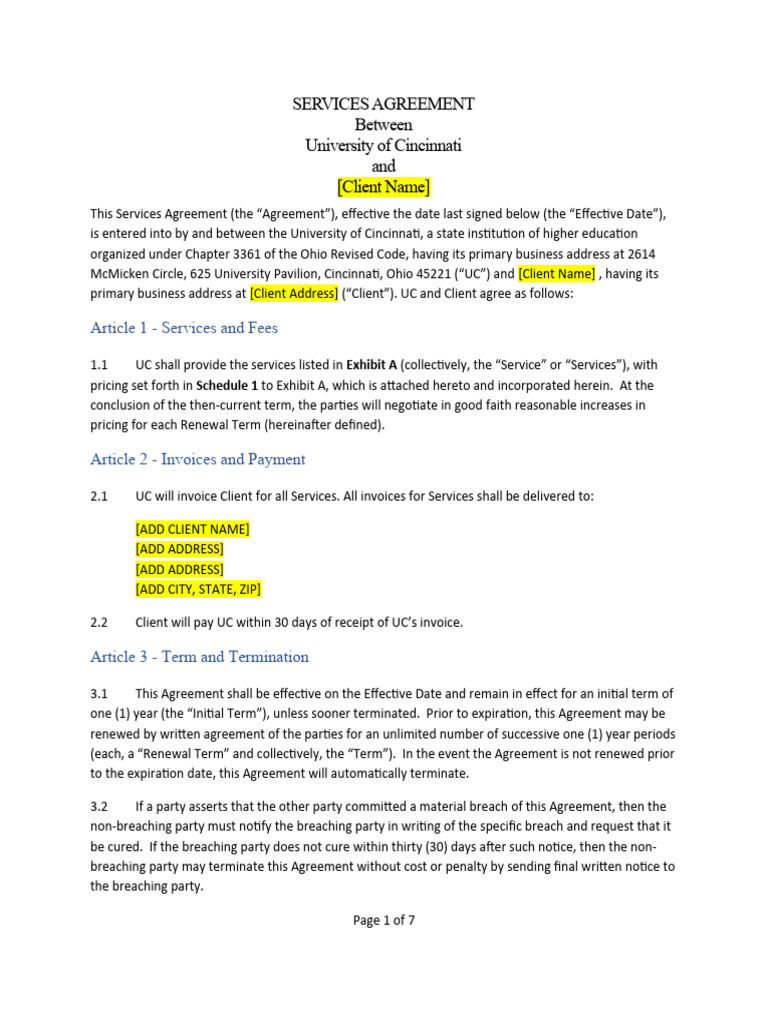 UC Services Agreement Template | PDF | Breach Of Contract | Damages