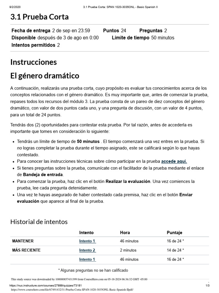Prueba Corta: Género Dramático SPAN 1020 | PDF