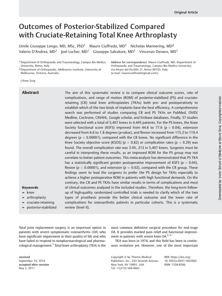 Outcomes of Posterior-Stabilized Compared With Cruciate-Retaining Total ...