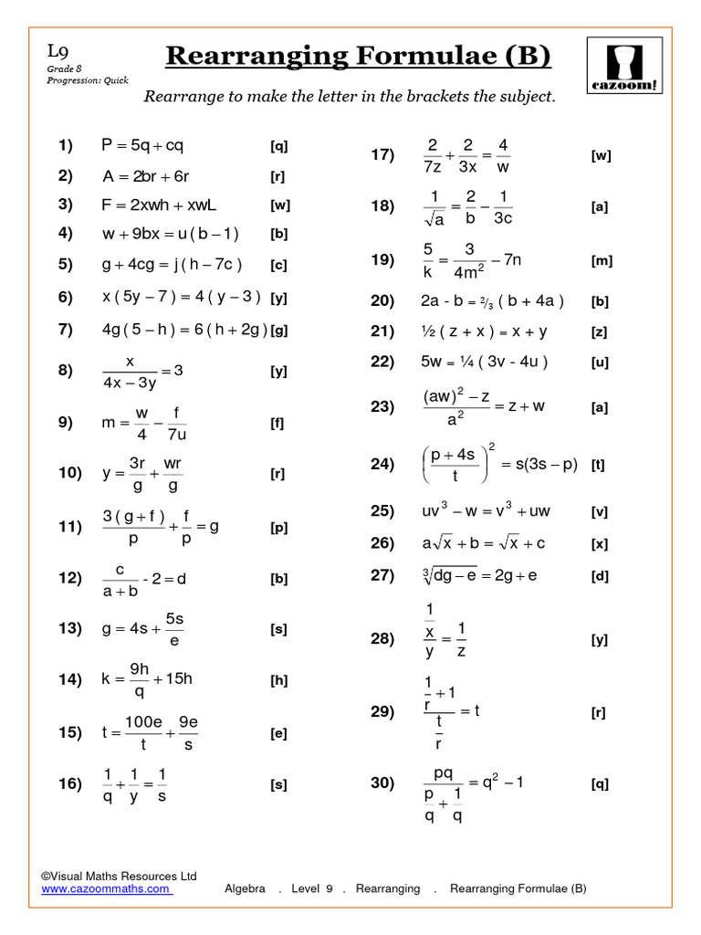 Algebra. Level 10. Rearranging. Rearranging Formulae (B) | PDF ...