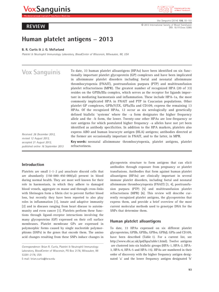 Human Platelet Antigens - 2013: Review | PDF | Platelet | Single ...