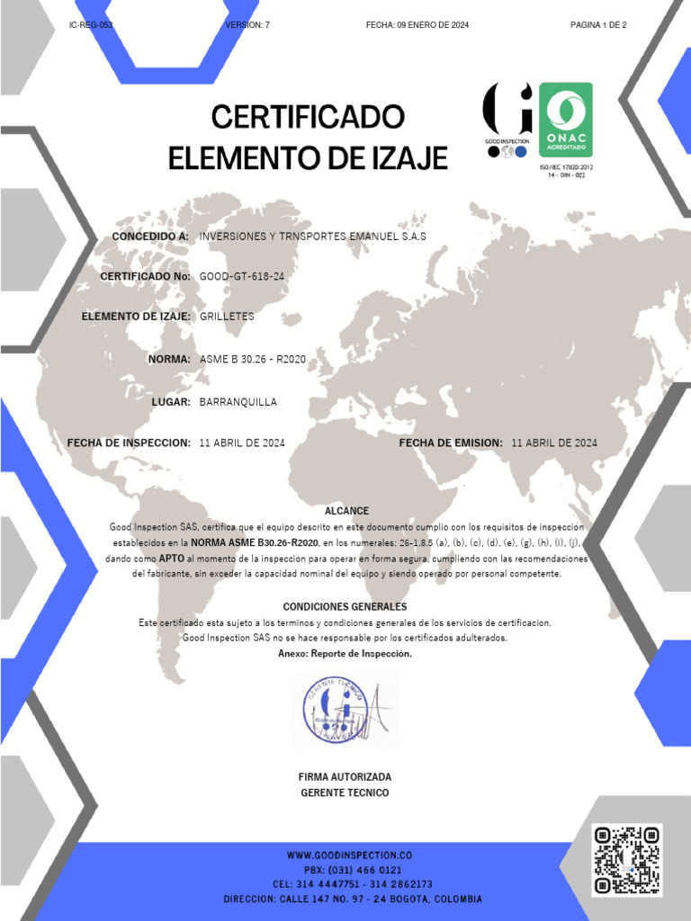IC-REG-053 CERTIFICADO ELEMENTOS DE IZAJE V7 | PDF