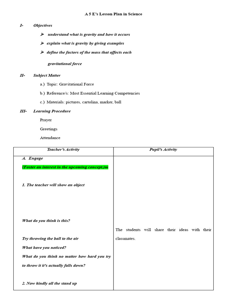 5e's LESSON PLAN | Download Free PDF | Gravity | Force