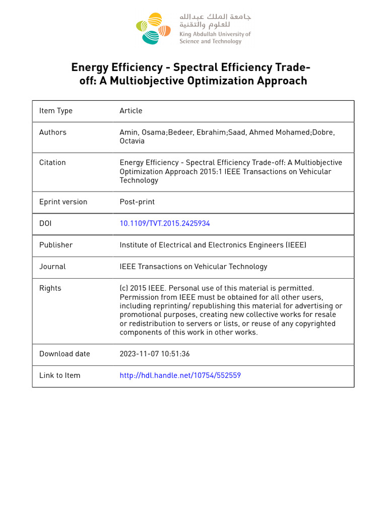 Energy Efficiency - Spectral Efficiency Trade-Off: A Multiobjective Optimization Approach | PDF ...