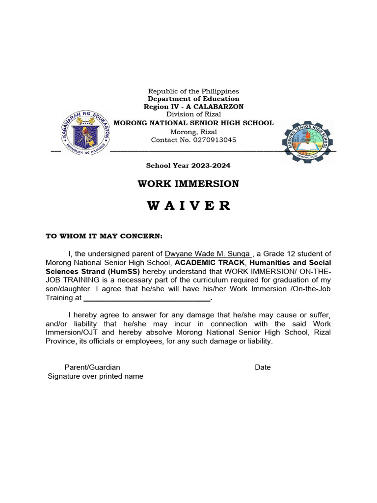 Waiver For Work Immersion Acad | PDF