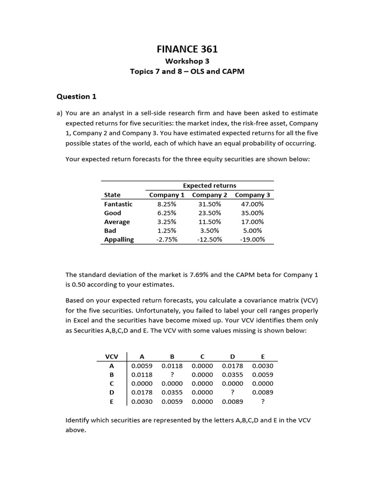 Workshop 3 Topics 7 and 8 | PDF | Capital Asset Pricing Model ...