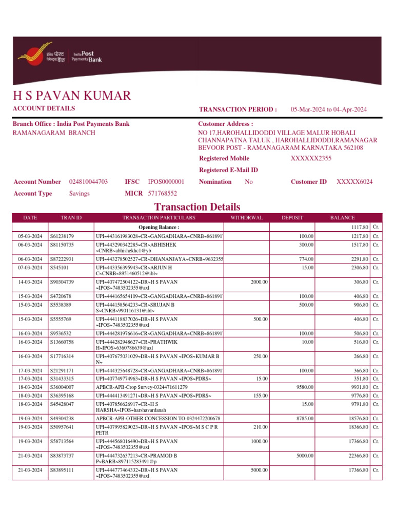 IPPB Account Statement: Mar-Apr 2024 | PDF | Mobile App | Computing