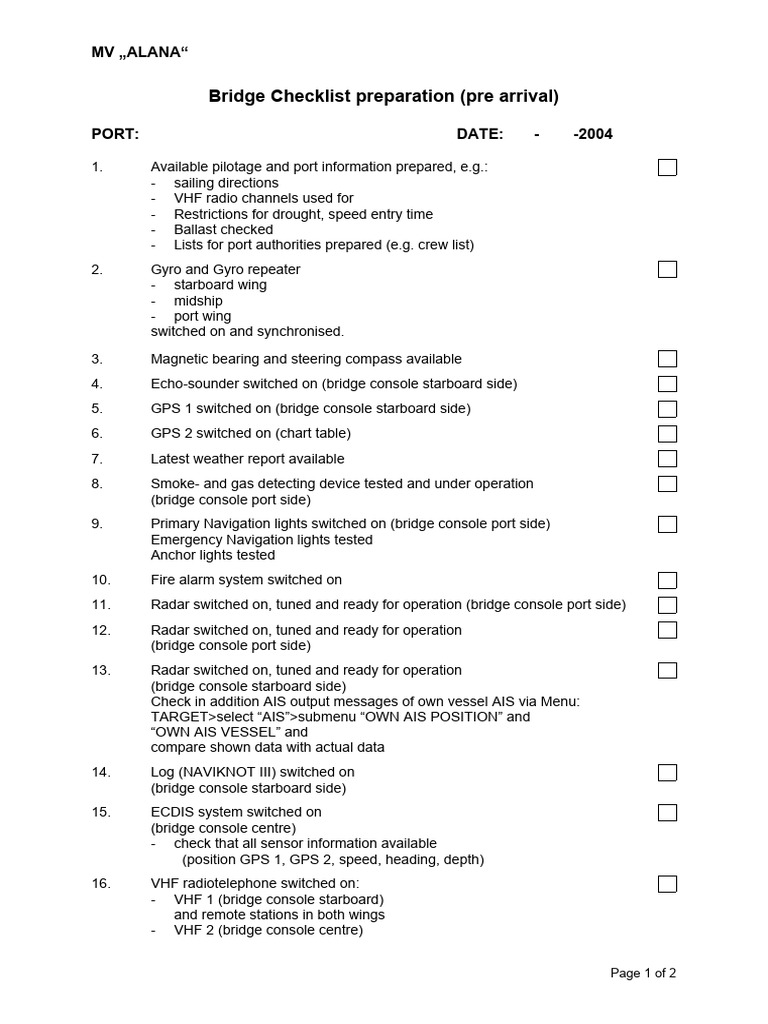 Bridge Checklist Pre Arrival LA | PDF | Navigation | Shipping