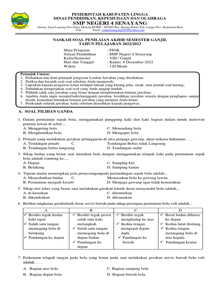 Naskah Soal PAS PJOK Kelas 8 TH 2022 | PDF