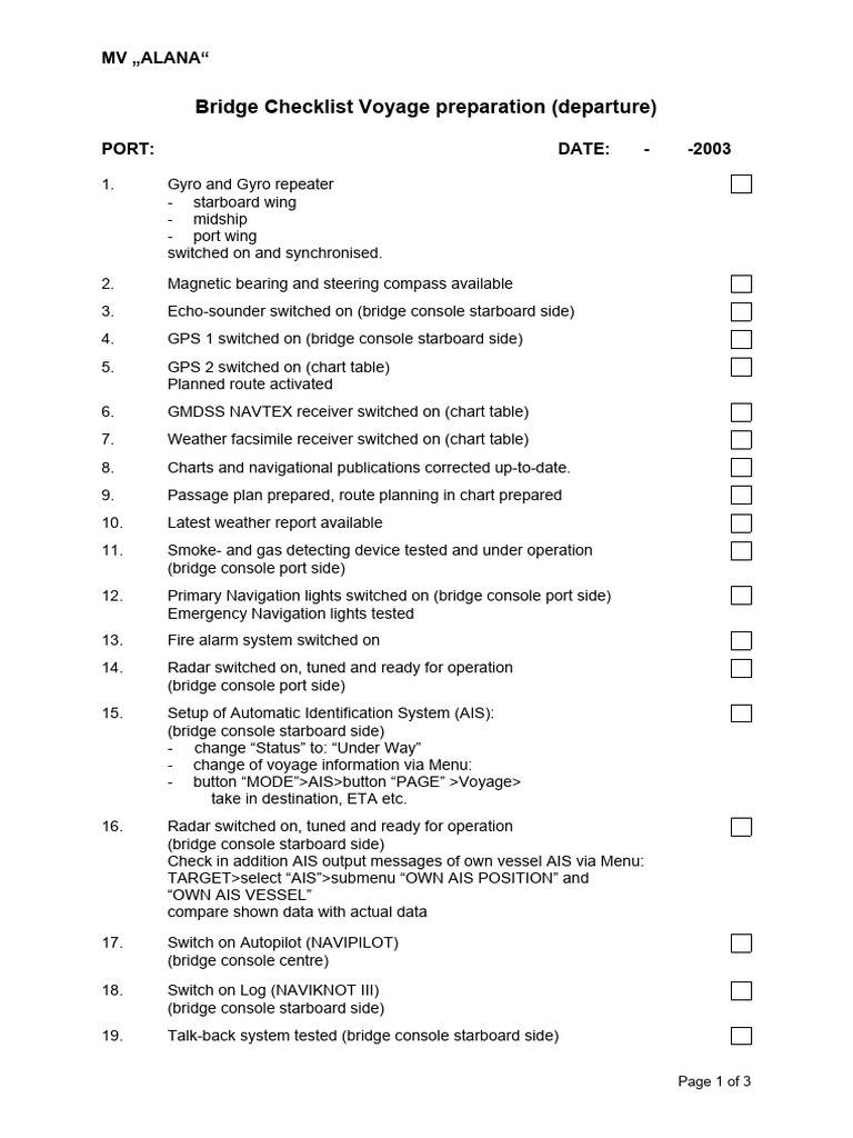 Bridge Checklist Pre Departure LA | PDF | Navigation ...